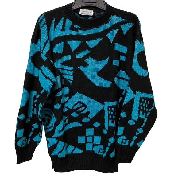 Vintage | Sweaters | Vintage 8s Black Metallic Teal Blue Abstract ...
